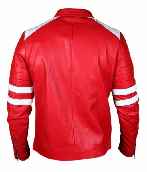 Men’s Fight Club Retro Mayhem Red Genuine Leather Jacket White Stripes ...
